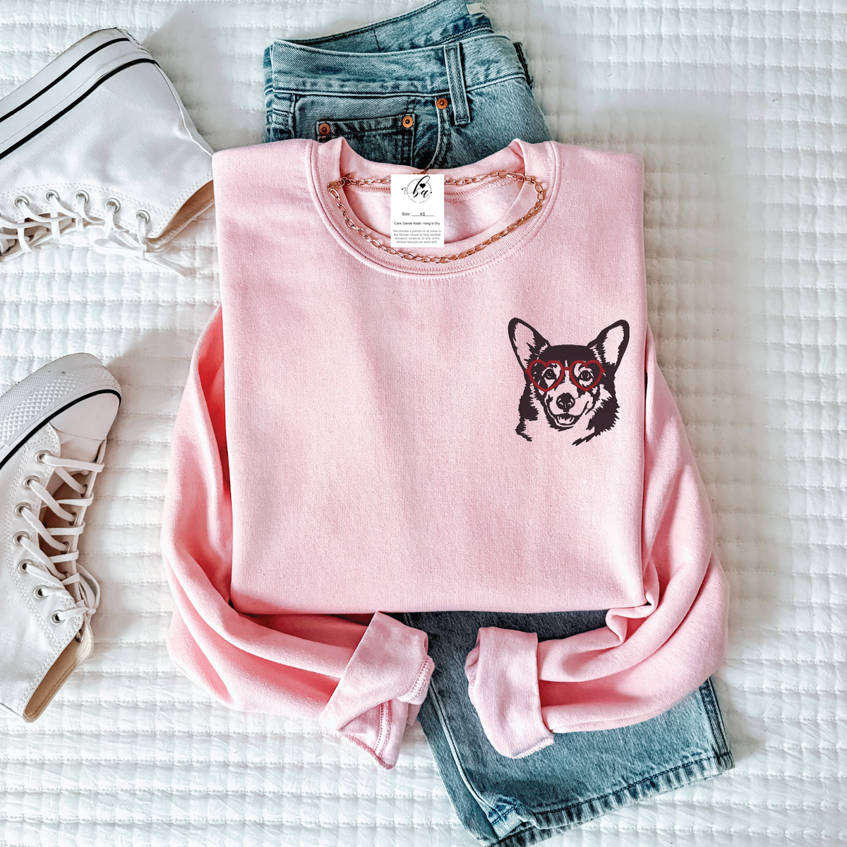 Corgi with Heart Glasses Embroidered CLASSIC Crew Neck Sweater – Blonde ...